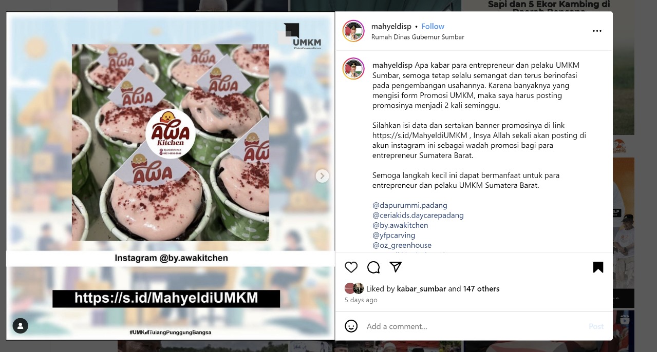 Sentimen Positif, Program Wakaf Promosi Gratis UMKM di IG Mahyeldi ...